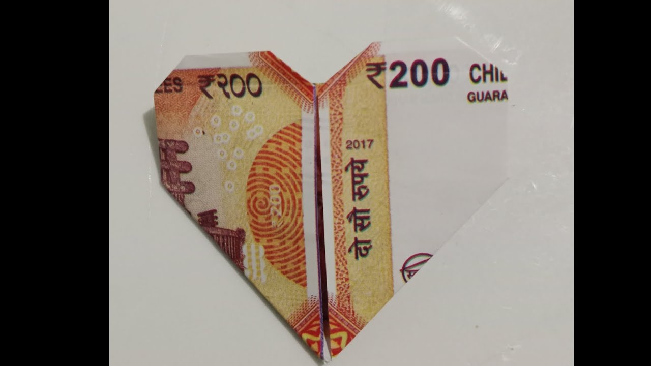 200 rupees note design. heart design. note origami.pepar craft. - YouTube