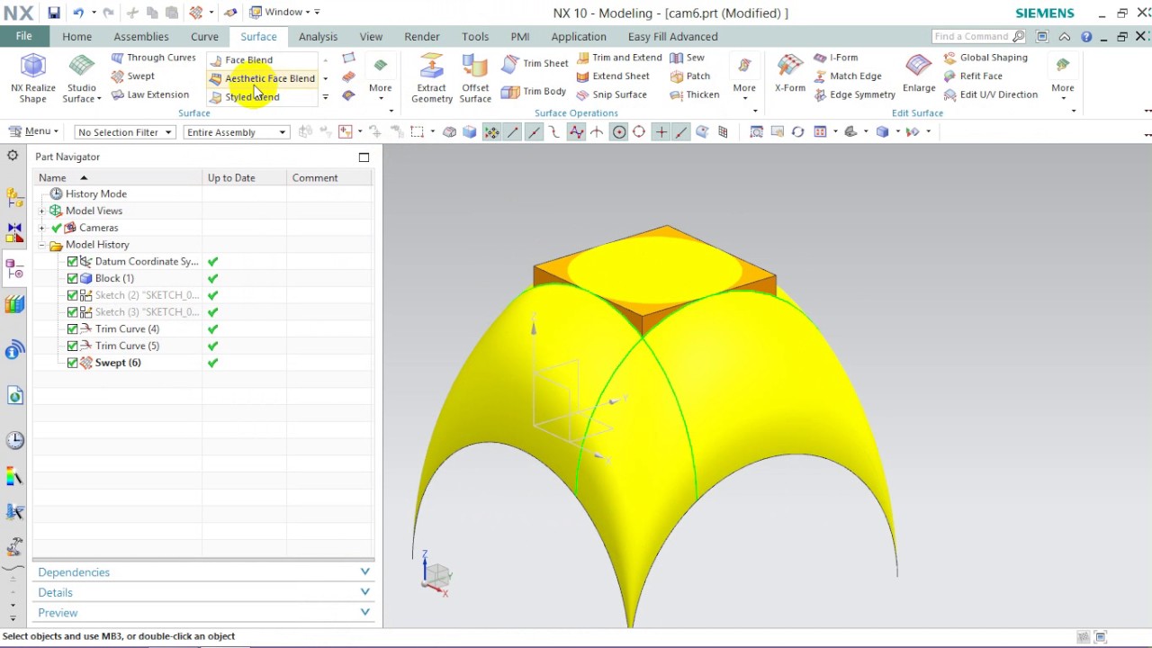 NX10 swept + trim body + replace face + join face - YouTube