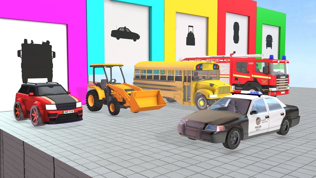 Mystery Shape Challenge With JCB Tractor Car Fire Truck Bus Escape Room ...
