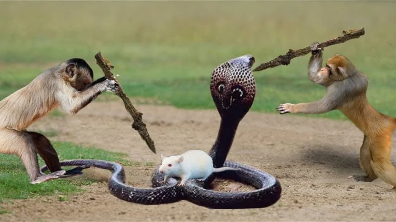 聪明的猴子从蛇的吞食中拯救啮齿类老鼠！ - YouTube