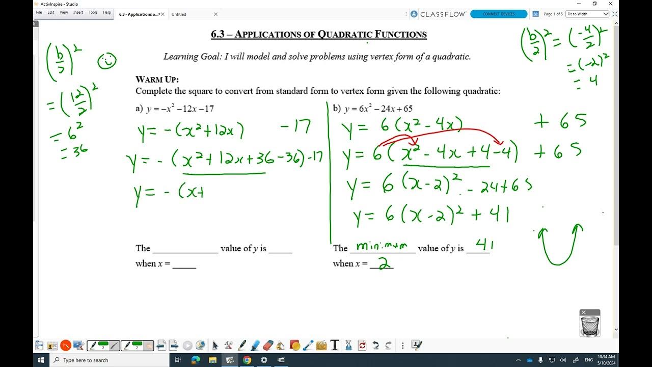 Video Lesson - Applications of Quadratic Functions (Complete the Square ...