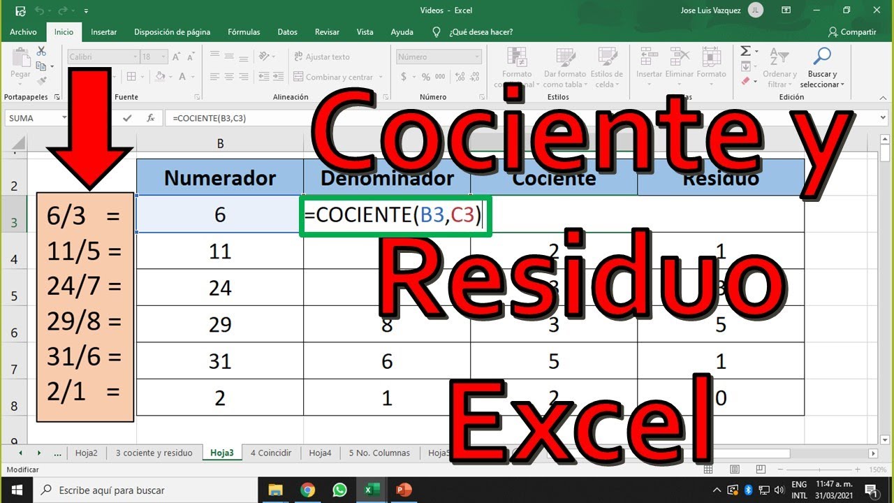Excel Formulas para fracciones | cociente y residuo - YouTube