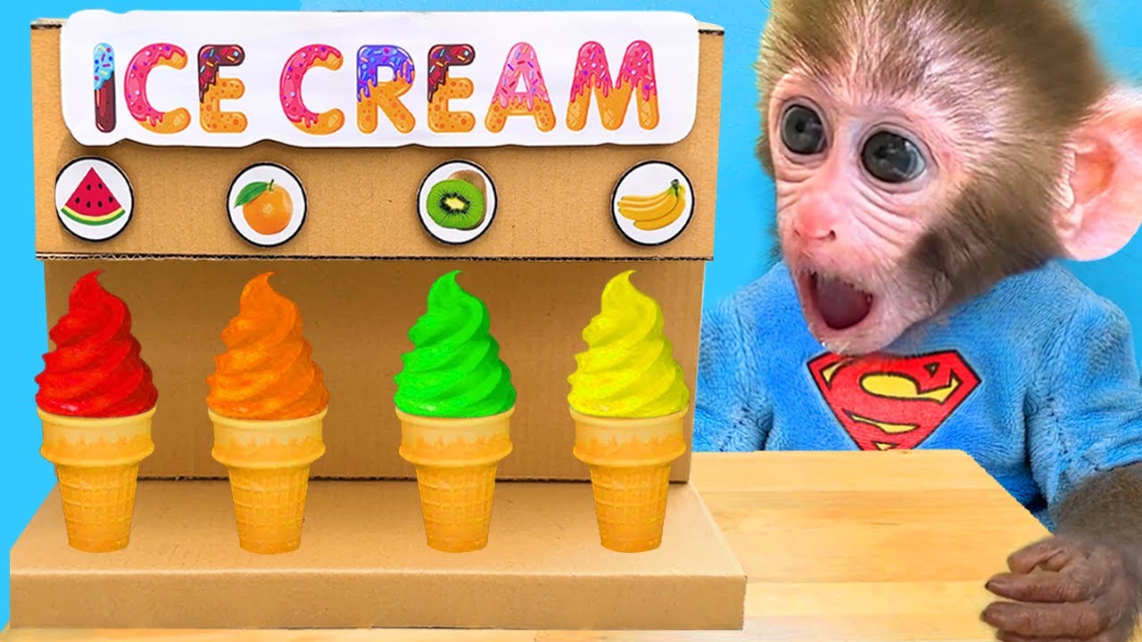 Monkey Baby Bon Bon doing shopping in Toy store and eats ice cream ...
