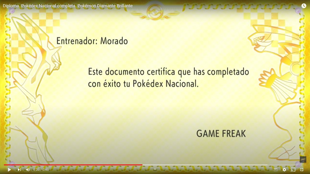 Diploma. Pokédex Nacional completa. Pokémon Diamante Brillante - YouTube