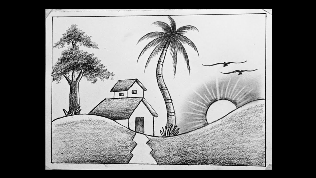 How to draw a very easy Sunrise scenery with pencil - YouTube