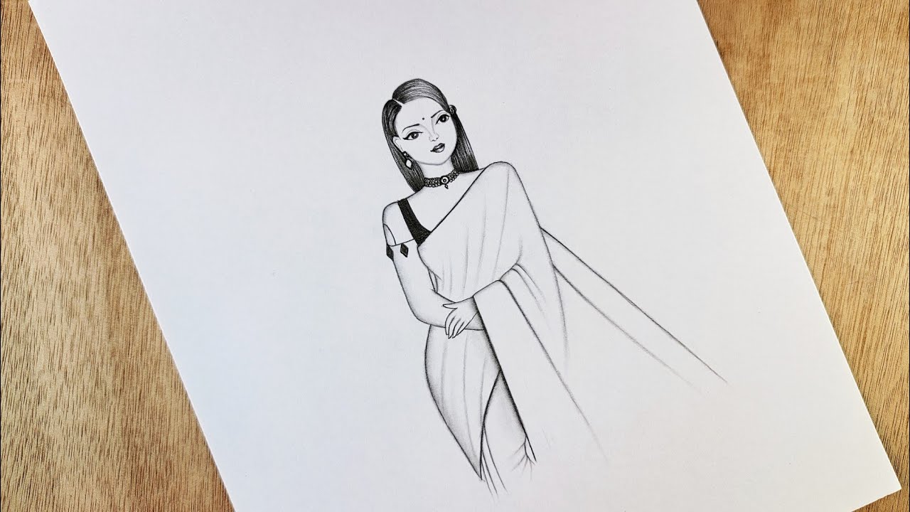 How to Draw a Traditional Girl with simple Saare | Saare Drawing | Girl ...