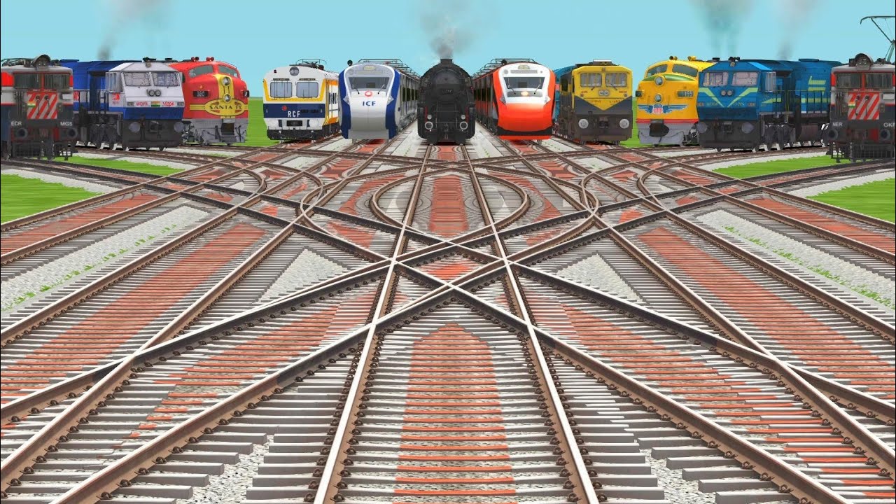 ALL DIESEL & ELECTRIC TRAINS RUN AT BUMPY CURVES OVER CROSS RAILROAD ...