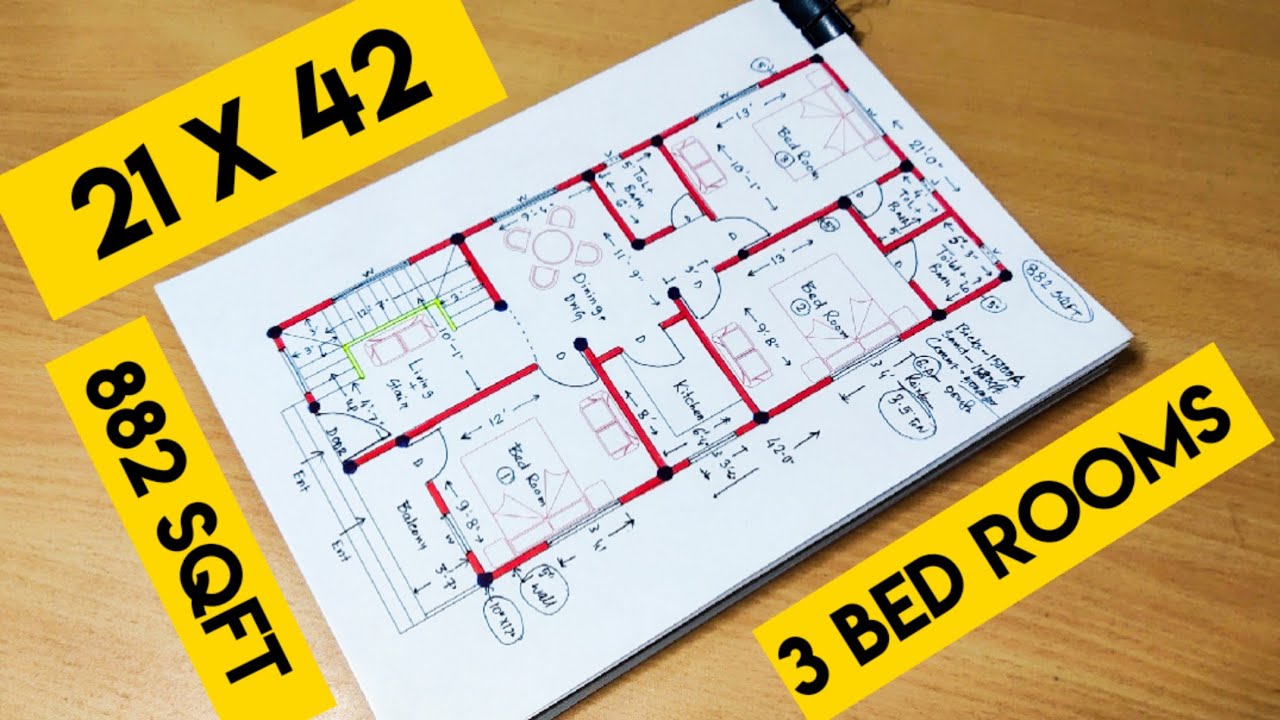 21 X 42 HOUSE DESIGN II 3 BHK GHAR KA DESIGN II 882 GHAR KA NAKSHA II 3