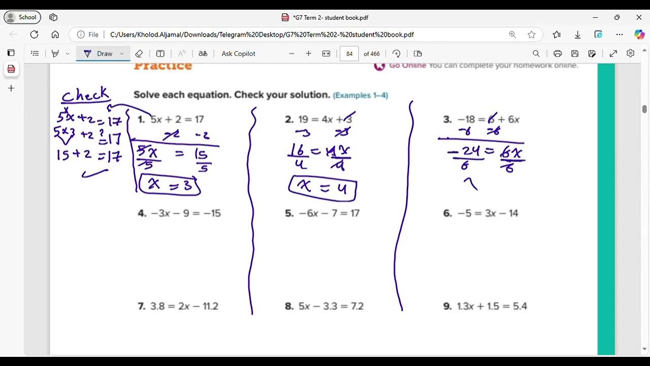 Reveal math grade 7 lesson 6_ 2 solve two step equatiins Px + q = r - YouTube