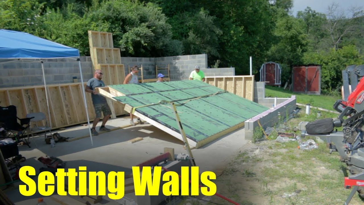 Garage Build #27 - Setting Walls and Adding Top Plate - YouTube
