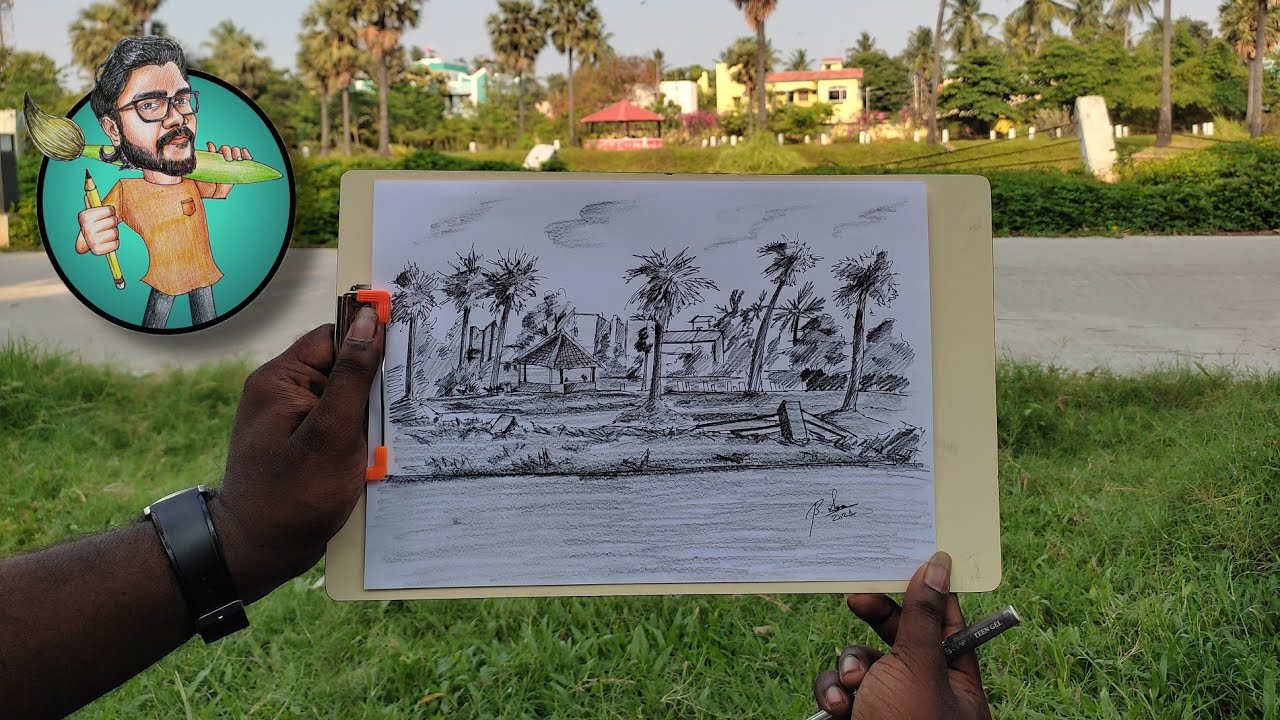 Outdoor pen scribble pencil shading live sketch landscape drawing ...