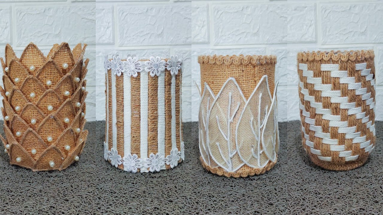 4 Ide Kreatif Dari Botol Bekas || Tempat Pensil Dari Tali Rami Dan Kain ...