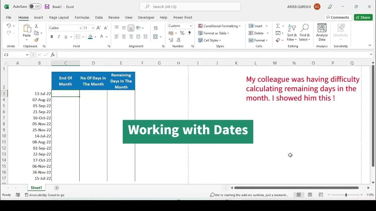 Working with Dates (Calculating remaining days in a month) - YouTube