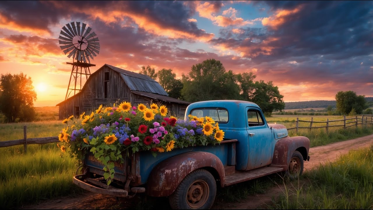 Autumn Farm Ambience 🌾 Vintage Truck, Windmill & Fireflies at Sunset ...