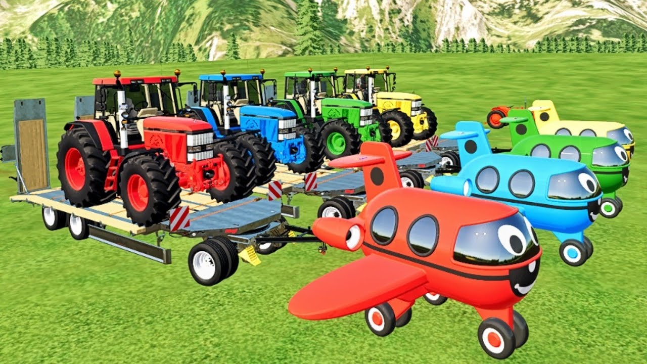 Driving & Loading Mini John Deere Tractors With Colored Plane Trucks ...