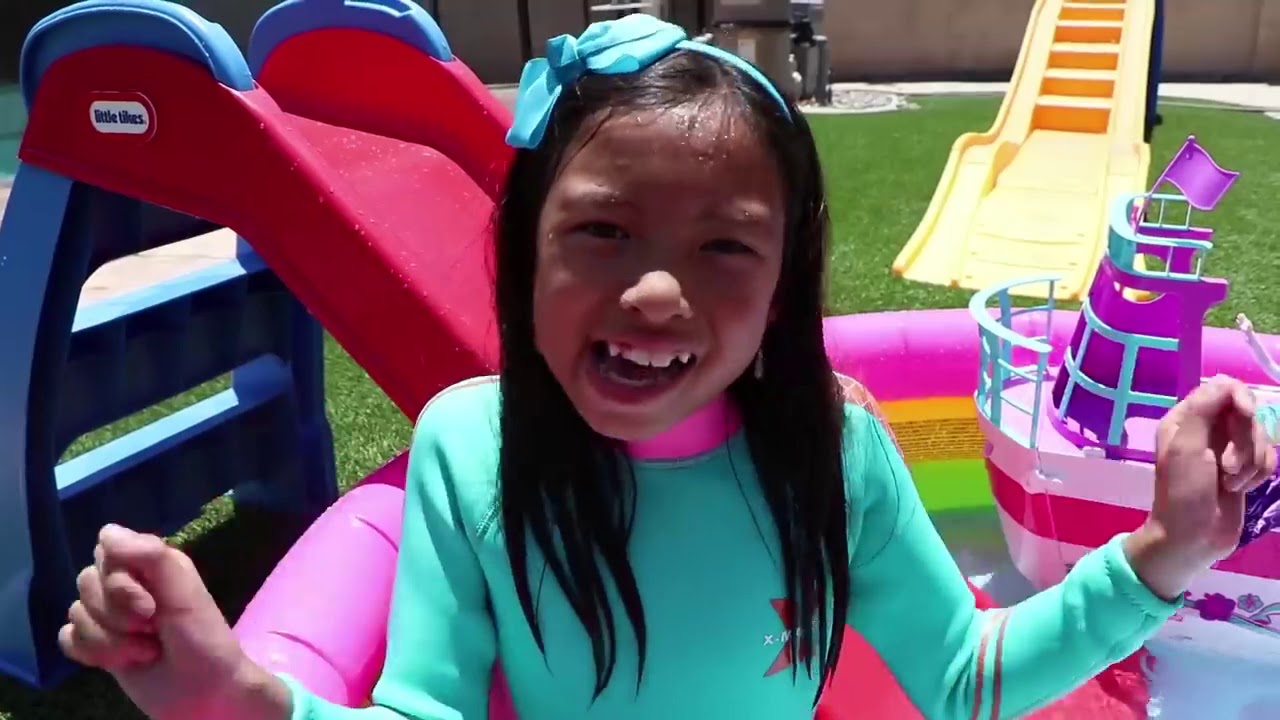 Emma Pretend Play with Water Slide Inflatable Toys - YouTube