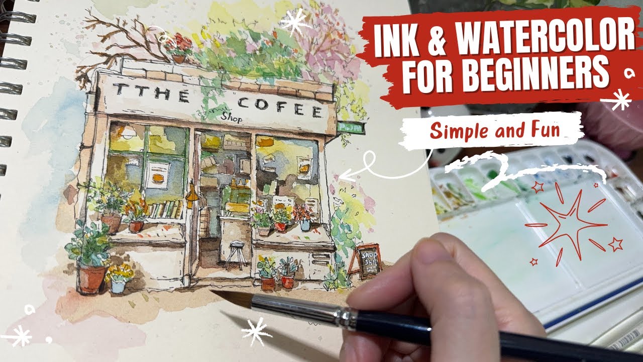 How to sketch a cozy café with ink and watercolor for beginners| Can ...