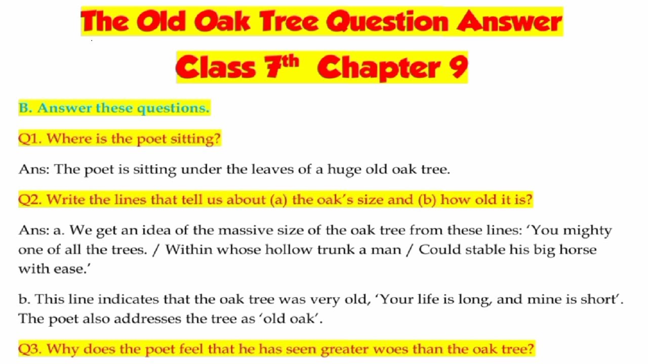 The Old Oak Tree Question Answer Class 7th English The Magic Carpet ...