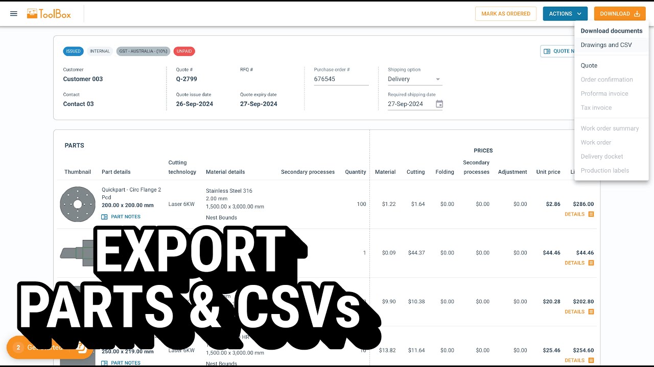 Quoting Laser Cutting Work in ToolBox - Export Parts & CSV - YouTube