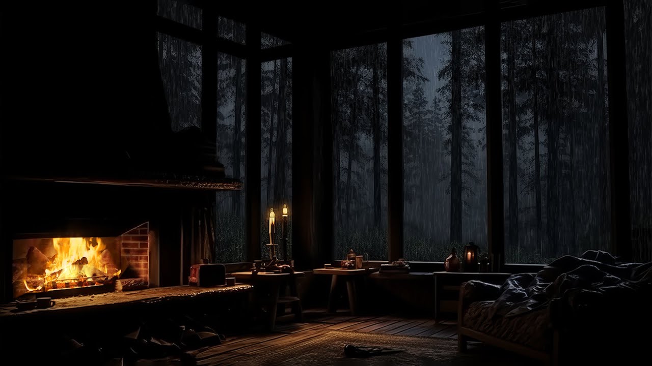 Rainy night in the forest with fireplace | Rain sounds, Crackling ...