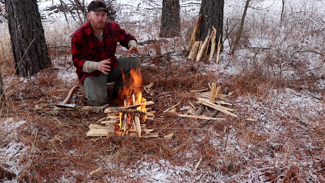 Winter fire, AXE only! One Tree Fire. - YouTube