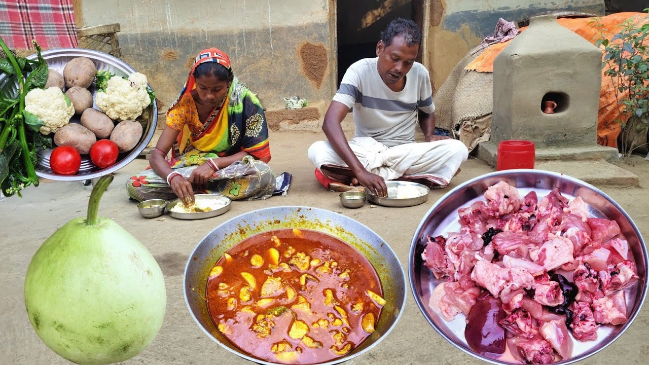 rural life cooking CHICKEN curry with bottle GOURD and vegetables ...