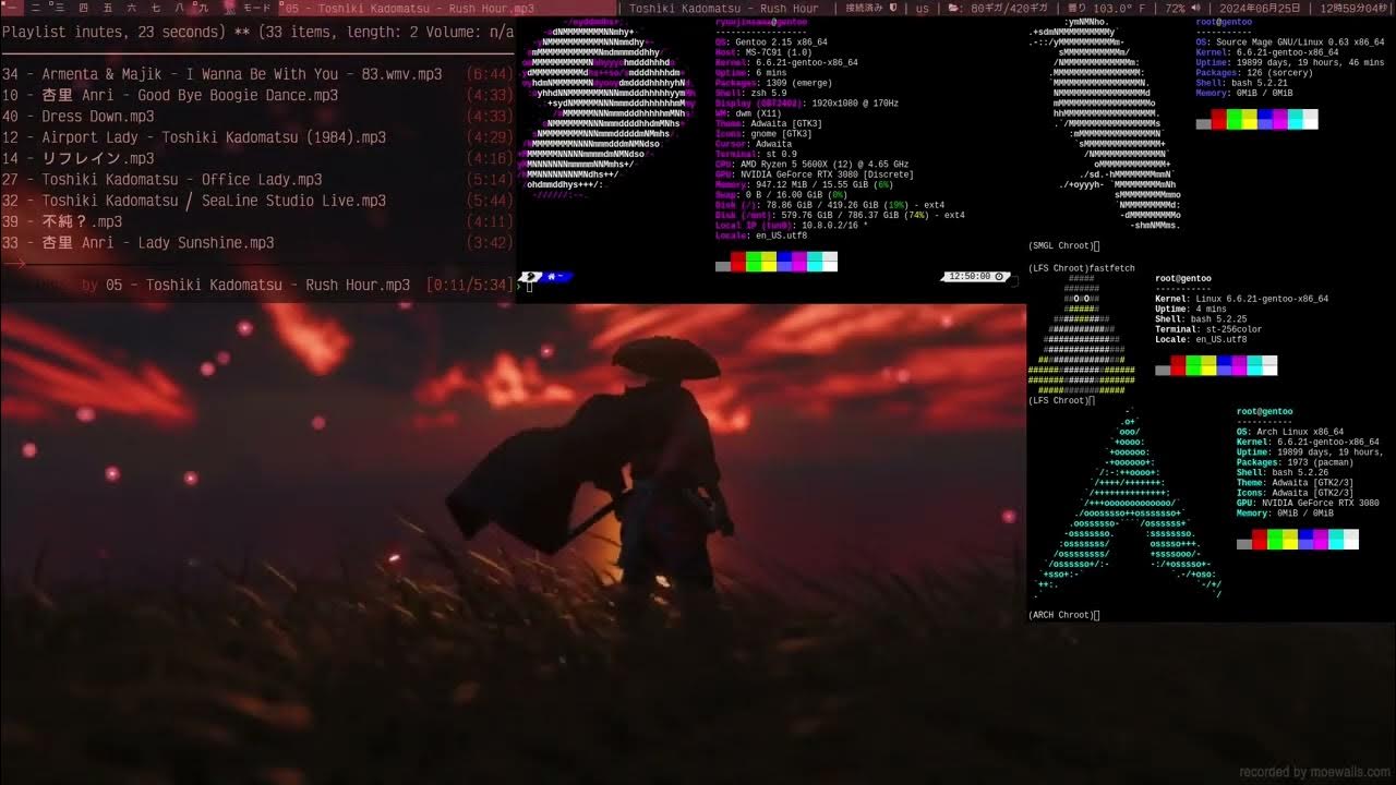 gentoo, lfs, source mage, arch, dwm, video wallpaper, scrolling text dwm module, weather module ...