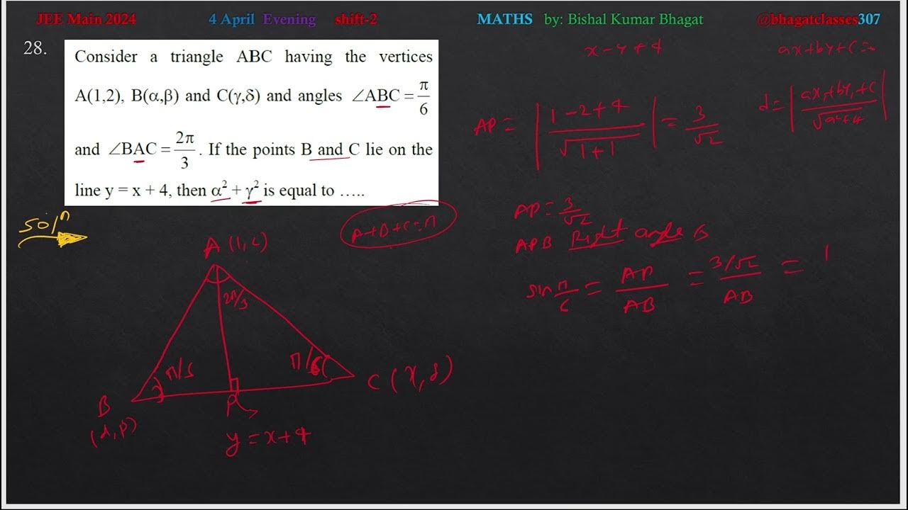 Consider a triangle ABC having the vertices A(1,2),B(α,β) and C(γ,δ) and angle∠ABC=π/6 and ∠BAC ...