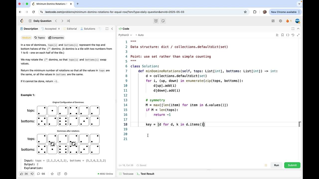 leetcode 1007 Minimum Domino Rotations For Equal Row | dict - YouTube