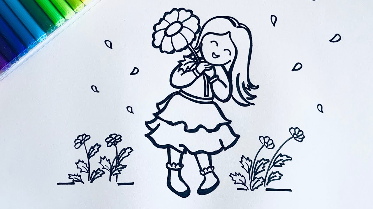Flower girl 🧒-how to draw and color a pretty flower girl for kids-easy ...