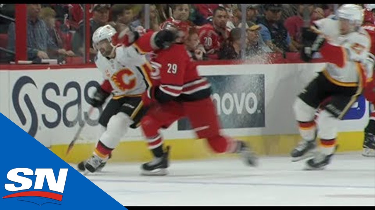Flames’ Mark Giordano Wipes Out Hurricanes’ Brian Gibbons With ...