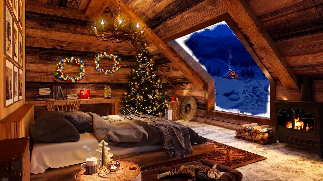Cozy christmas ambience with fireplace and snow falling outside window ...