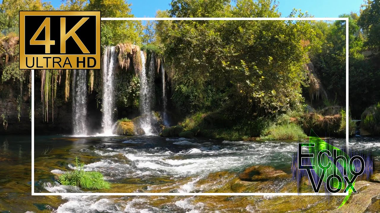 Scenic waterfall with water flowing sounds and bird song - Relaxing 4k ...