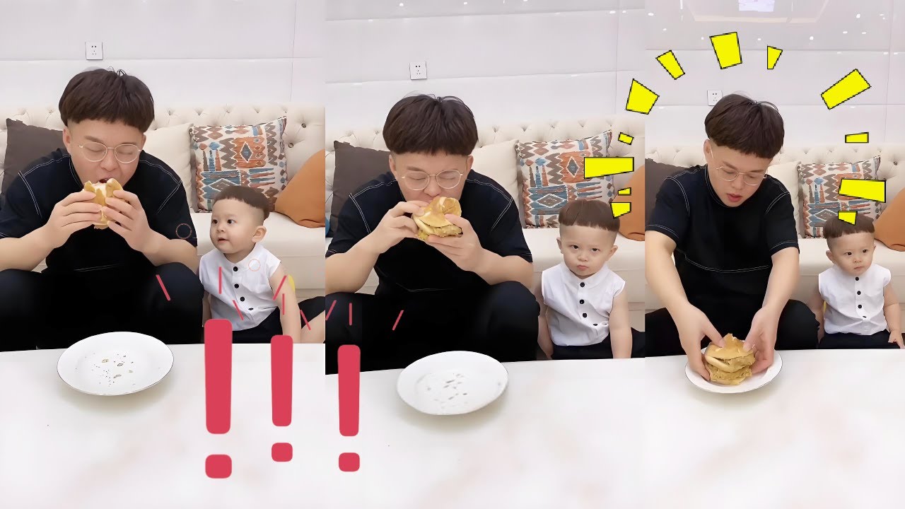 Dad eats a burger, look at his son's greed!#funny #cute #baby - YouTube