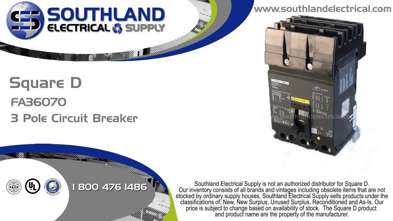Square D FA36070, 70 Amp, 600 Volt, 3 Pole, I-Line Circuit Breaker ...