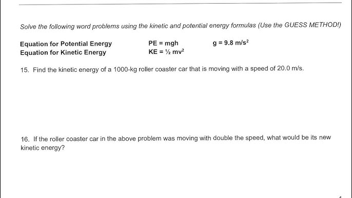 Calculating Kinetic Energy Worksheet Answers