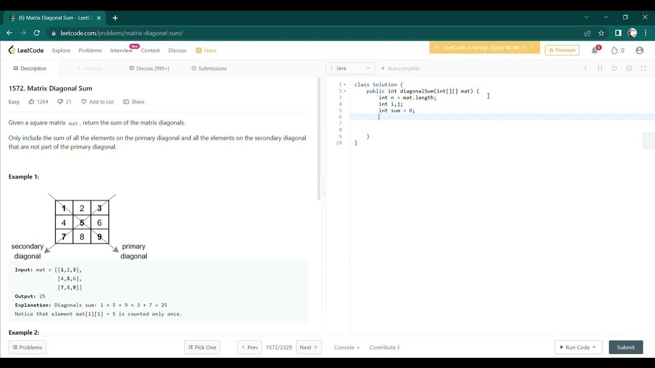 6 Matrix Diagonal Sum Leetcode Solution Youtube
