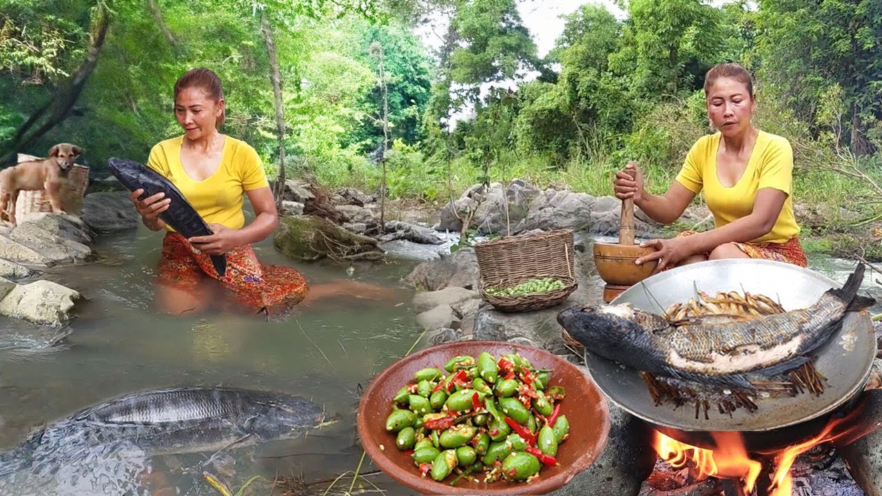 Wow big fish in river to catch and cook with recipe forest for eating ...