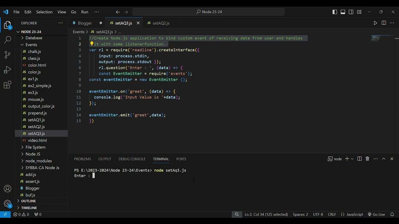 Node.js to bind custom event of receiving data from user and handles it with some ...