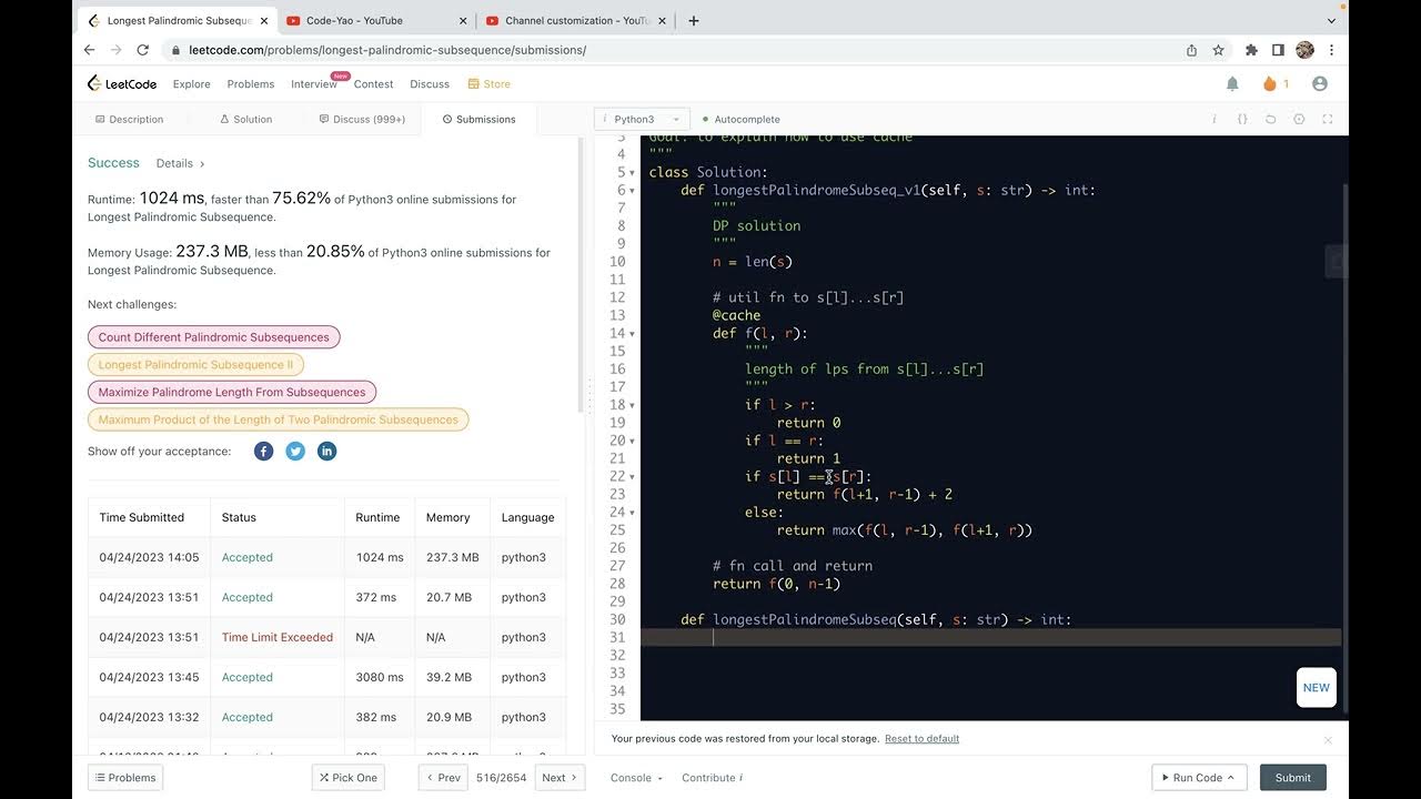 leetcode 516. Longest Palindromic Subsequence - DP with cache usage formats - YouTube