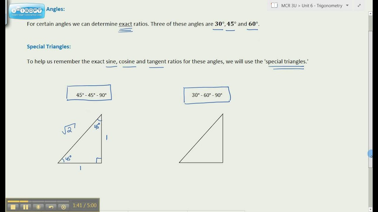 MCR3U - Unit 6 - Trigonometric Ratios - 4 - Special Triangles - 2012 ...