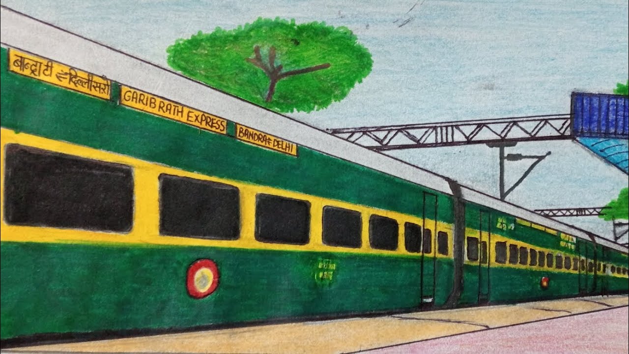 Garib Rath Express Parked At Platform At Railway Station Drawing || How ...
