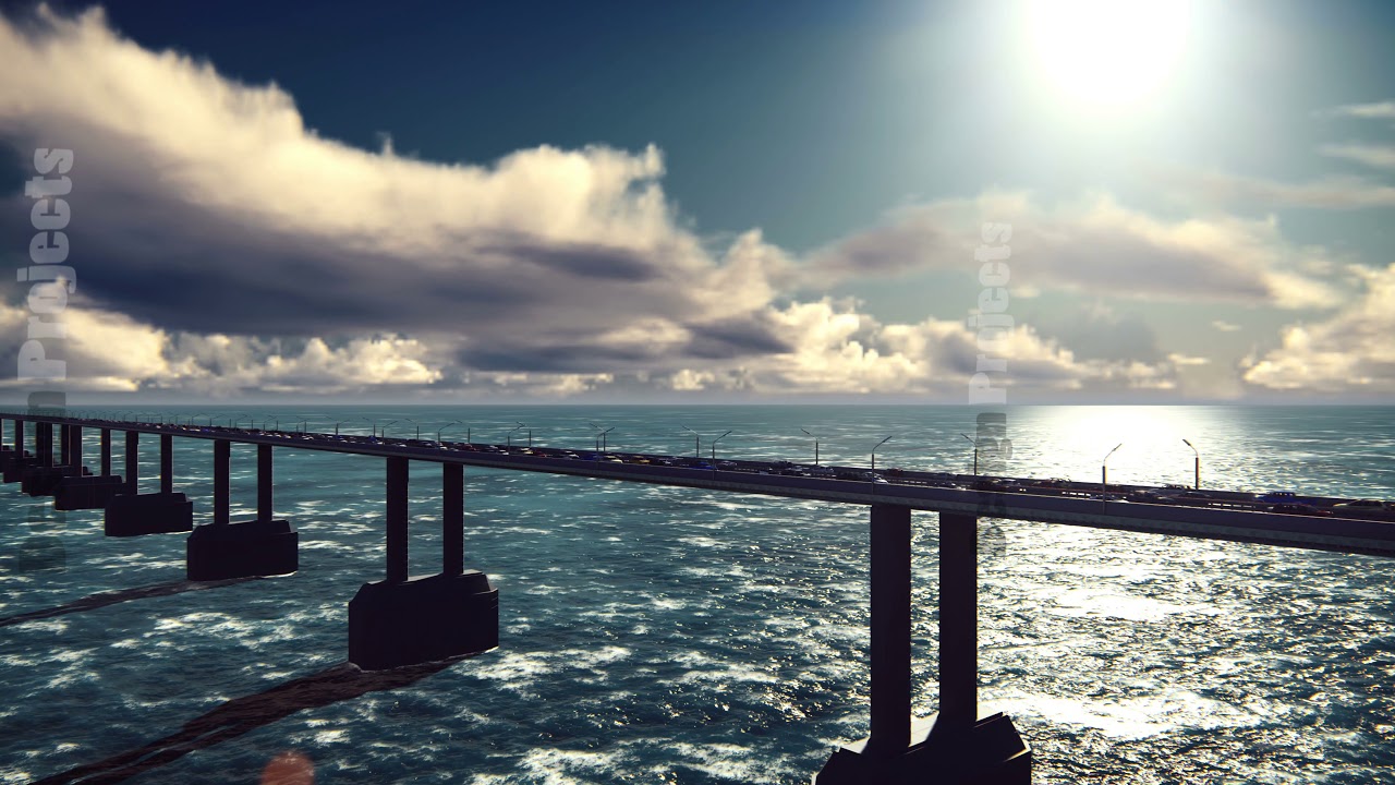 The camera flies over the bridge with heavy traffic. Cars with lights ...