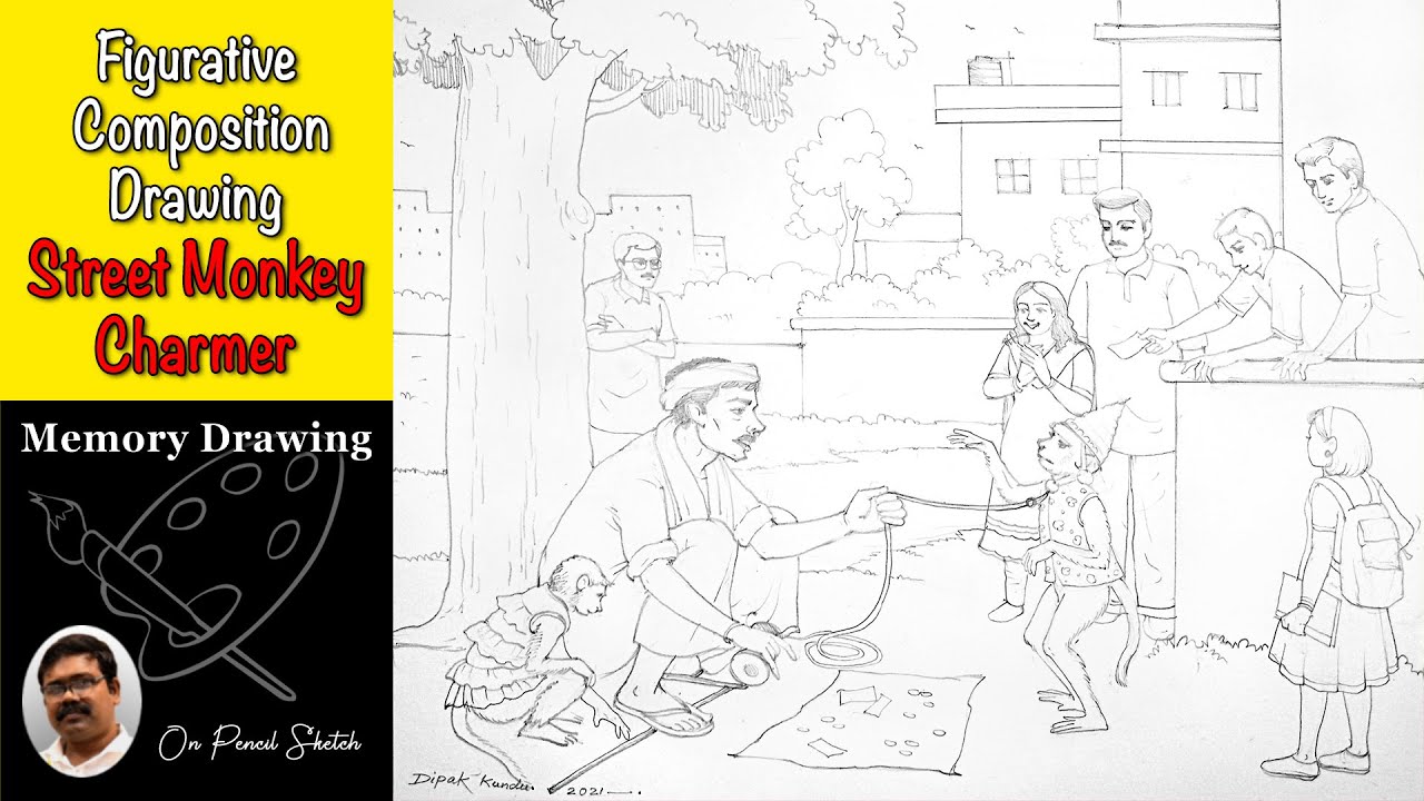 Street Monkey Charmer Drawing On Pencil Sketch | How To Draw Monkey ...