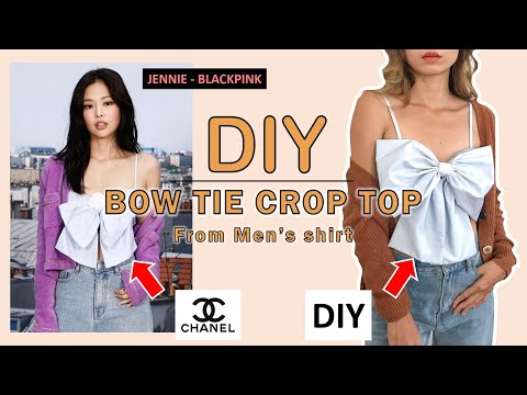 DIY Bow tie crop top from Men's shirt - CHANEL inspired