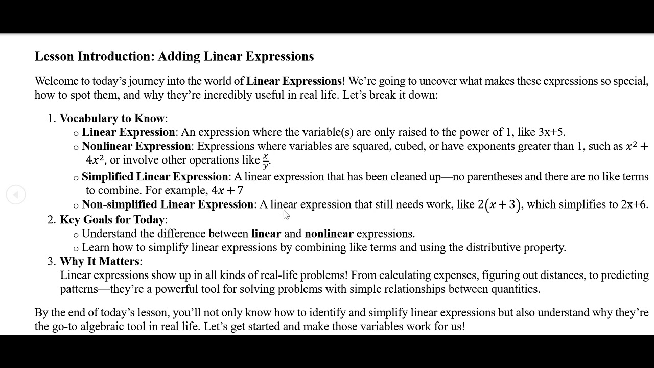 241 Intro Adding Linear Expressions - YouTube