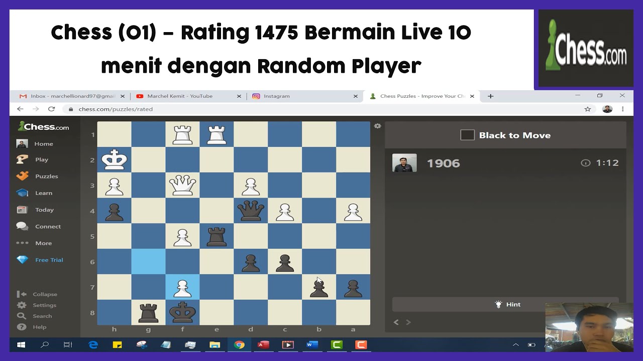 Chess (01) – Rating 1475 Bermain Live 10 menit dengan Random Player ...