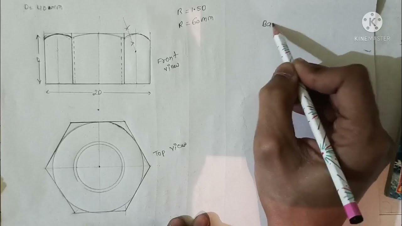 Hexagonal nut front view top view side view || engineering drawing 2nd ...