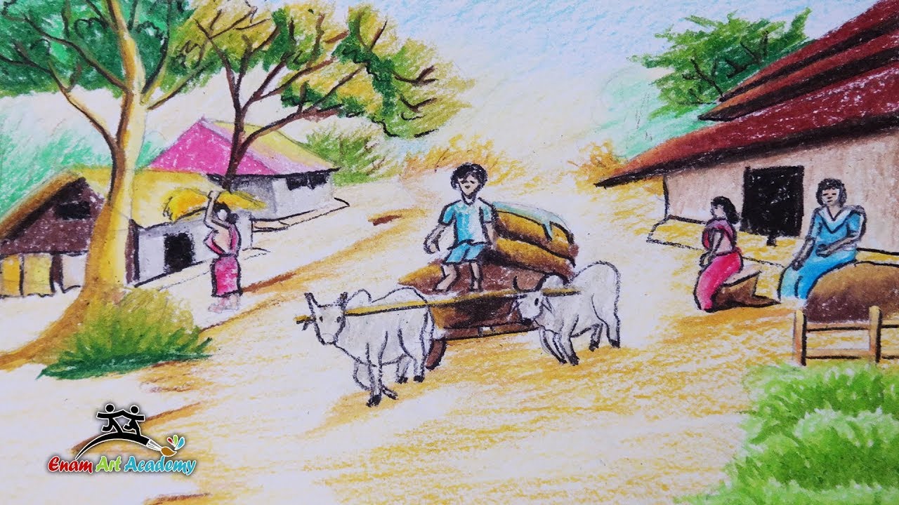 How To Draw Village Scenery With Cattle Car For Beginners - YouTube