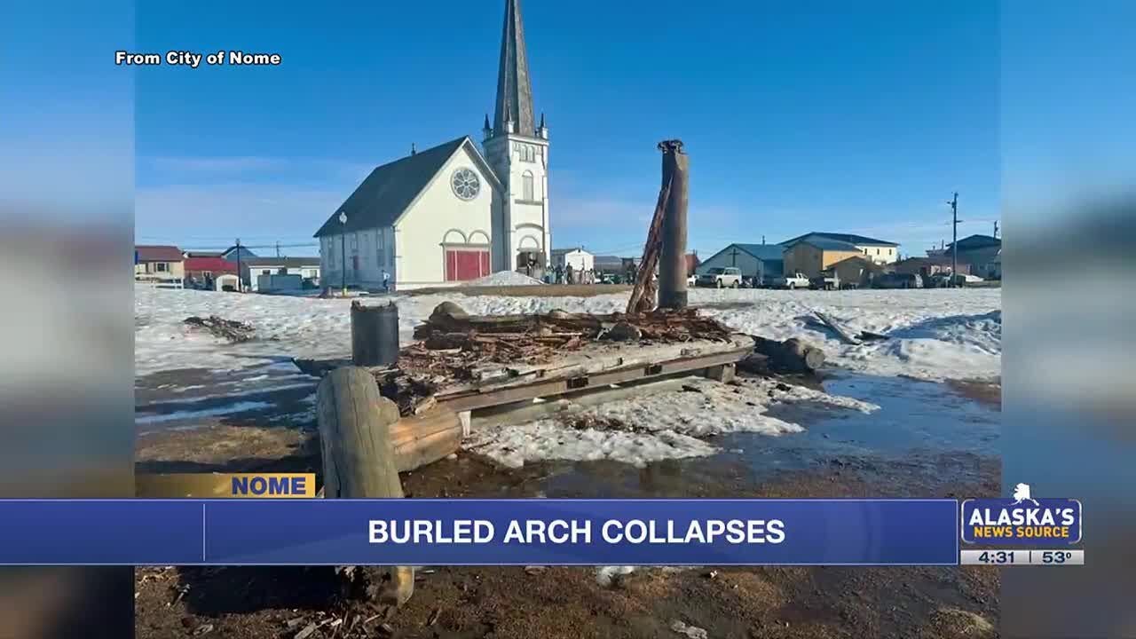 Iditarod finish line’s iconic Burled Arch collapses in Nome - YouTube